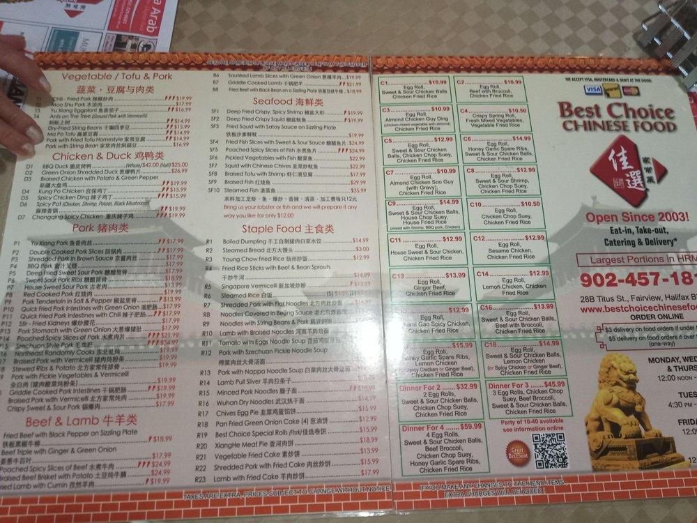 Menu at Best Choice Chinese Food Restaurant, Halifax