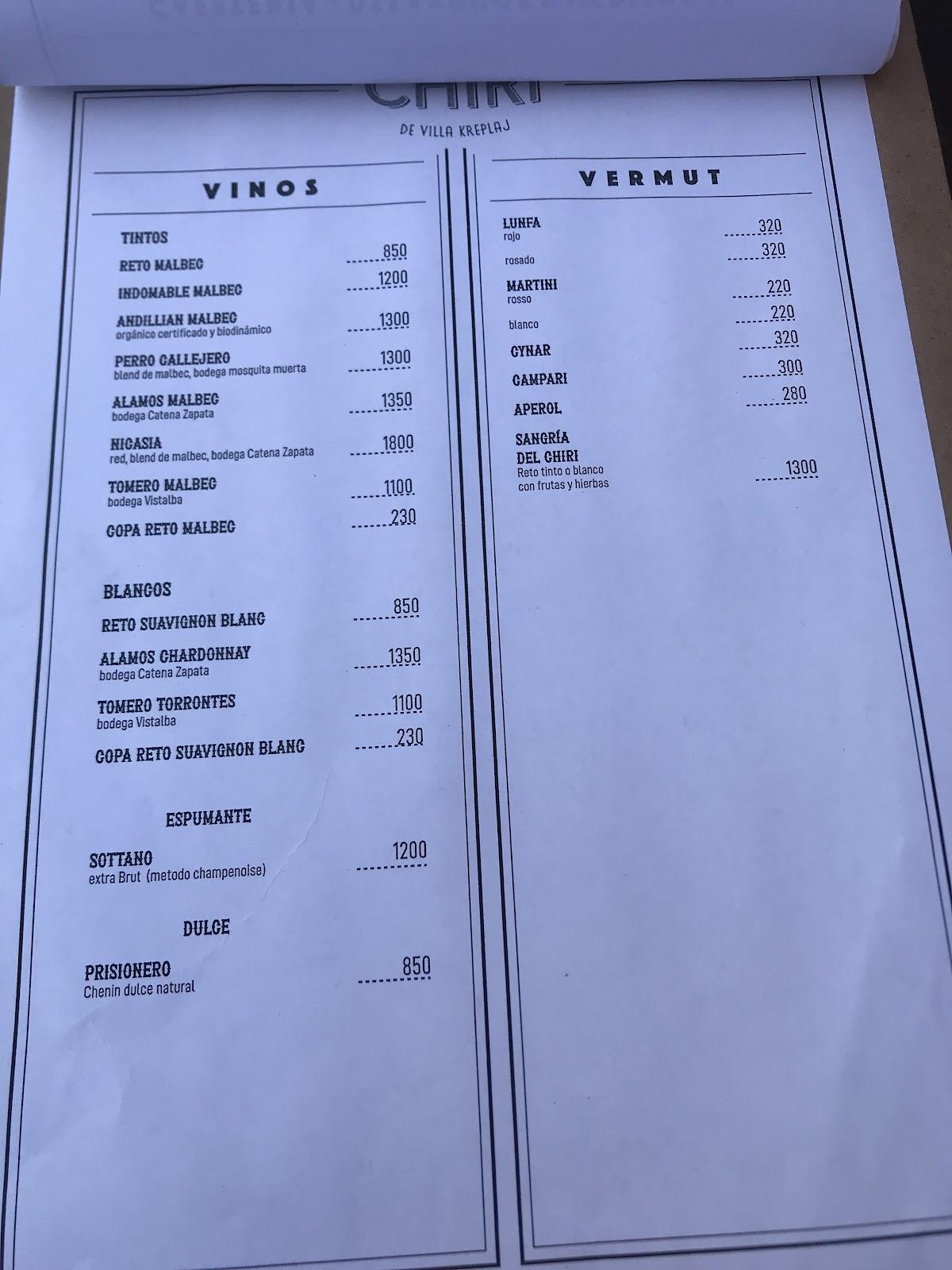 Carta del restaurante El Chiri del Villa Kreplaj, Buenos Aires