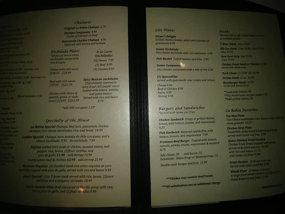 Carta de La Bahia Restaurant, Goliad