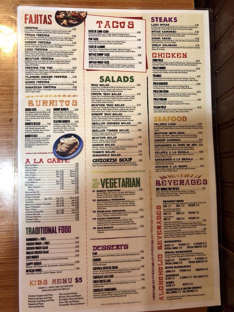 Menu at Loco Mex Authentic Mexican Restaurant, Jacksonville