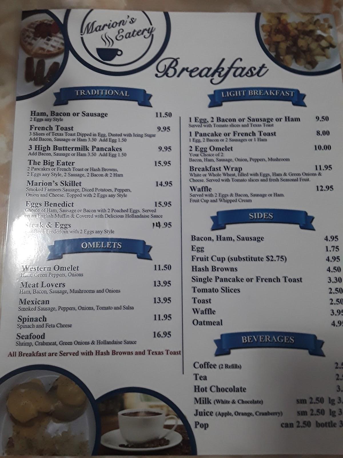 Menu at Marion's Eatery cafe, Lacombe, Hwy 2A