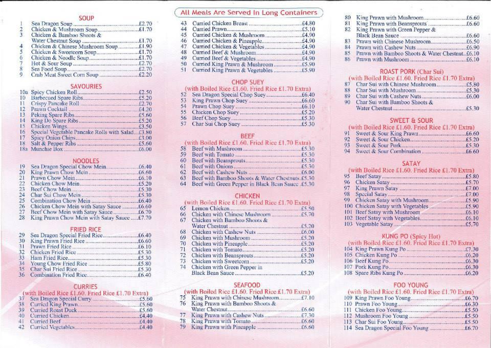 Menu at Sea Dragon Chinese Takeaway restaurant, Port Bannatyne