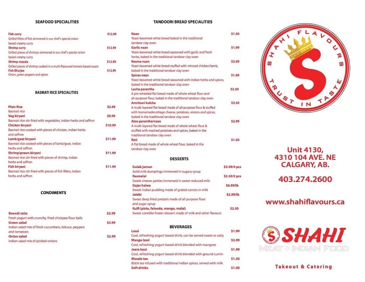Menu at Shahi Flavours Meat & Indian Food restaurant, Calgary