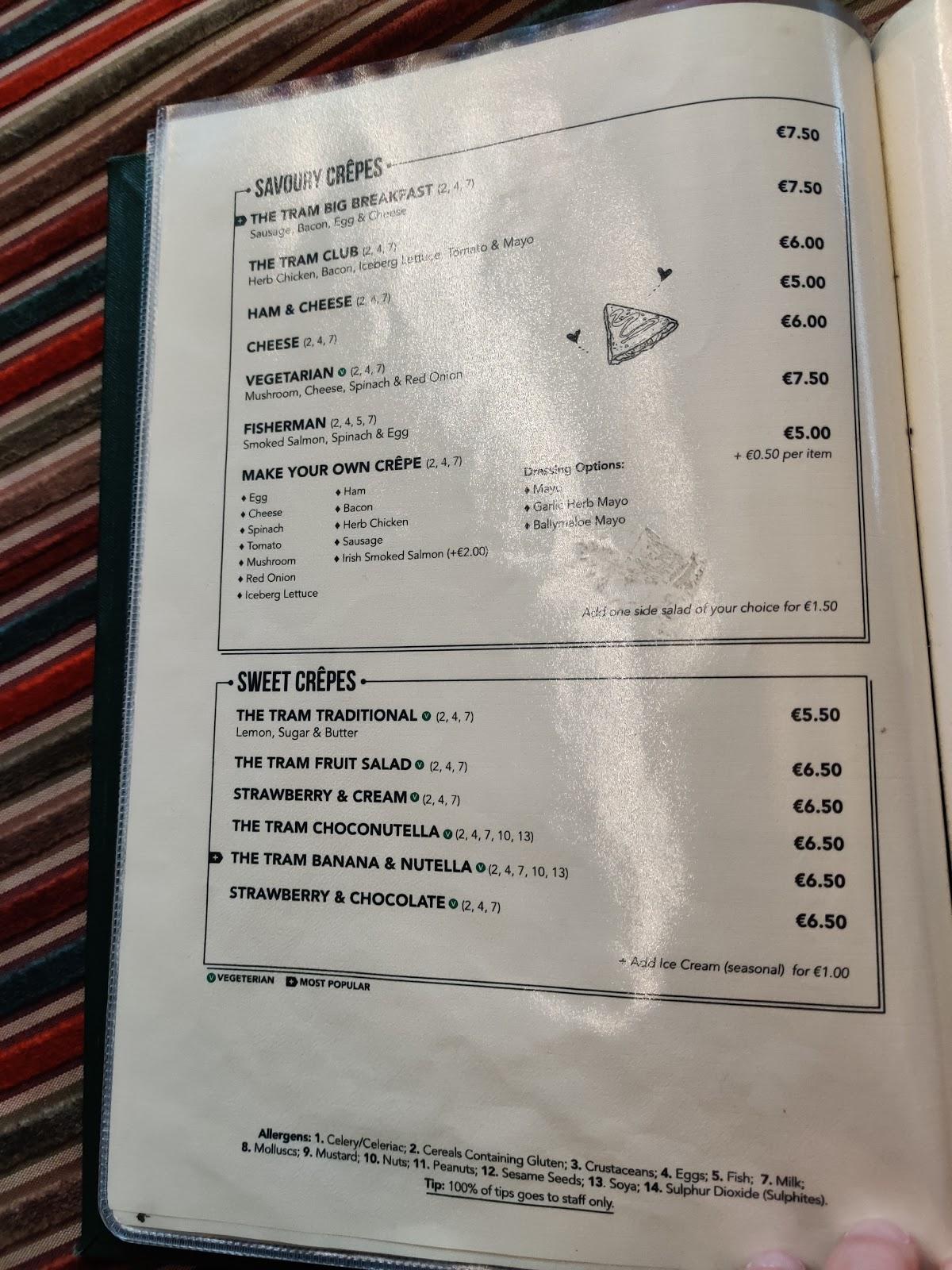 Menu at The Tram Café cafe, Dublin, Wolf Tone Square