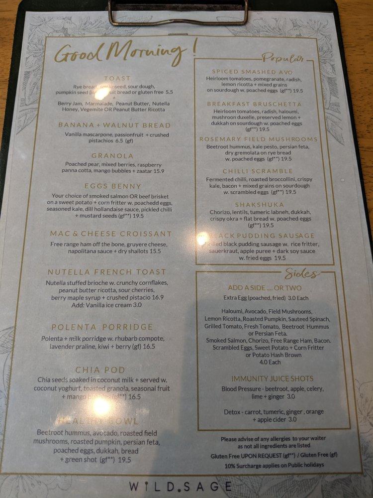 Menu at Wild Sage Barangaroo, Barangaroo