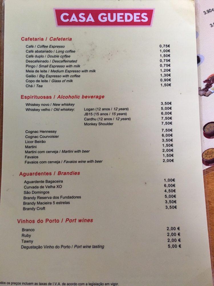 Carta del restaurante Casa Guedes Tradicional, Oporto