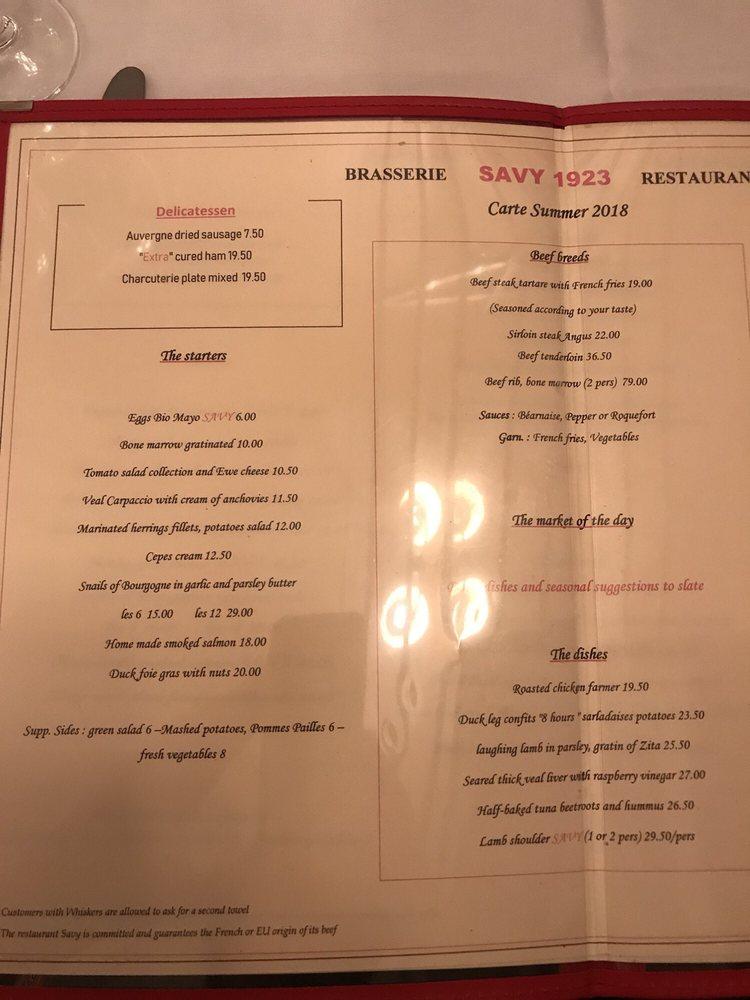 Menu at Chez Savy restaurant, Paris