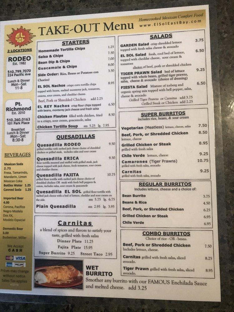 Menu at El Sol Restaurant & Catering, Rodeo