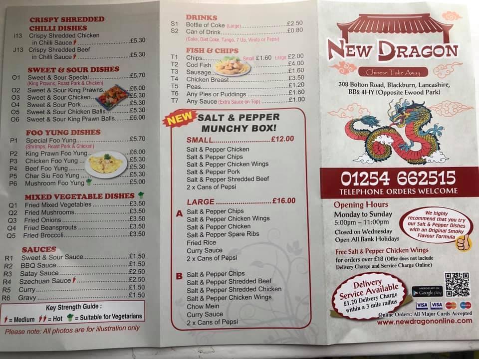 Menu at New Dragon Chinese Restaurant, Blackburn, 308 Bolton Rd