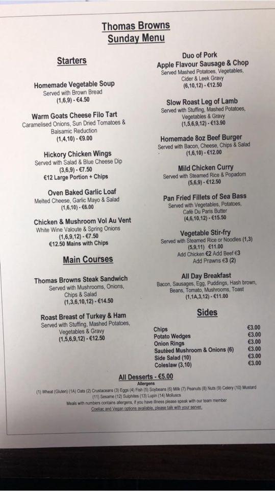 Menu at Thomas Browns Restaurant, Kanturk