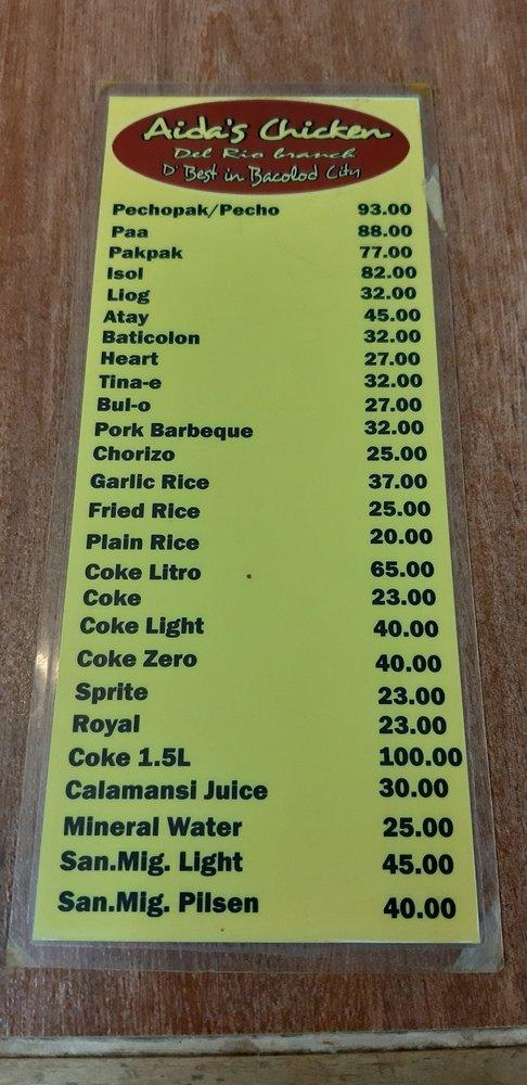 Menu at Aida's Chicken - Manokan Country BBQ, Bacolod, MWCW+G7P