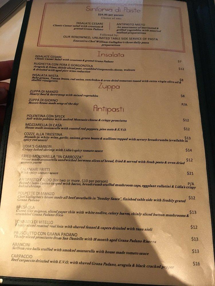 Menu at Becco restaurant, West New York