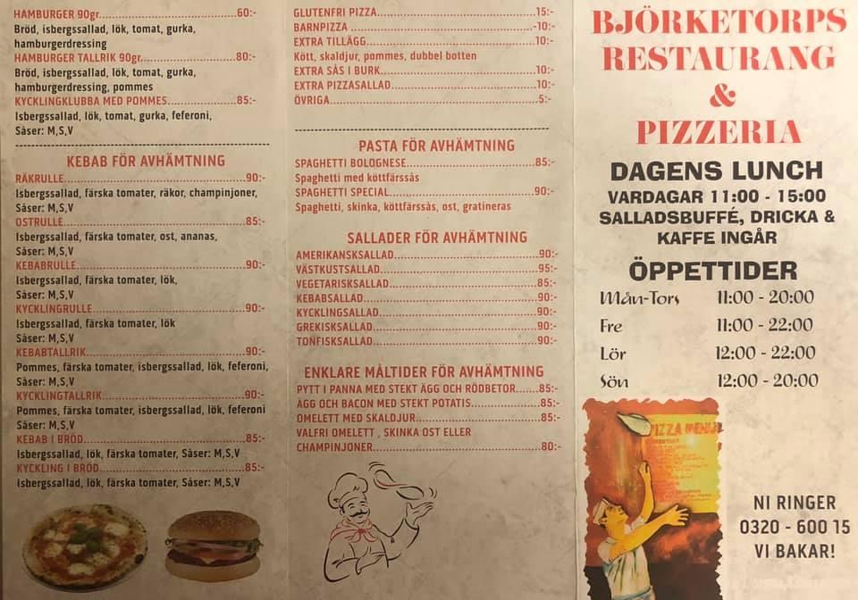 Menu at Björketorps Resturang & Pizzeria, Sweden