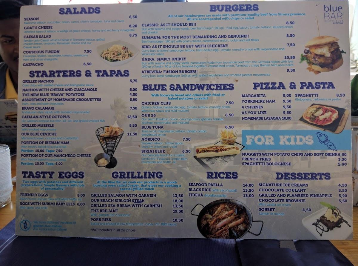 Carta de Blue Bar Beach Club by htopgroup, Calella, Platja Gran de Calella