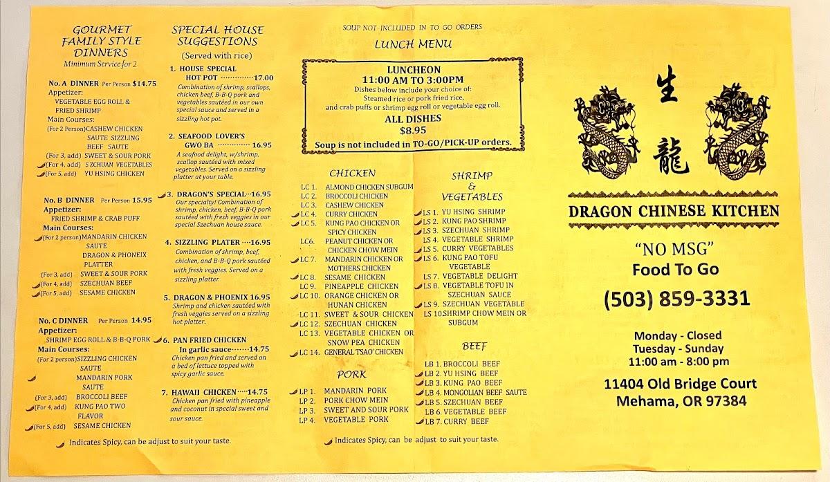 Menu at Dragon Chinese Kitchen restaurant, Lyons