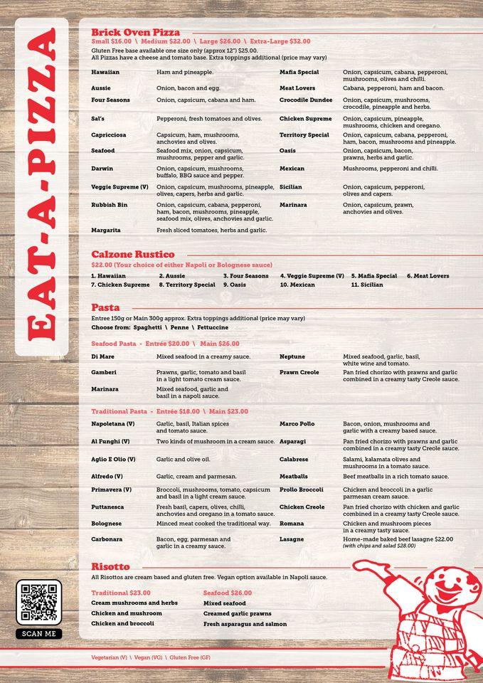 Menu at Eat-A-Pizza pizzeria, Darwin City, Cullen Bay