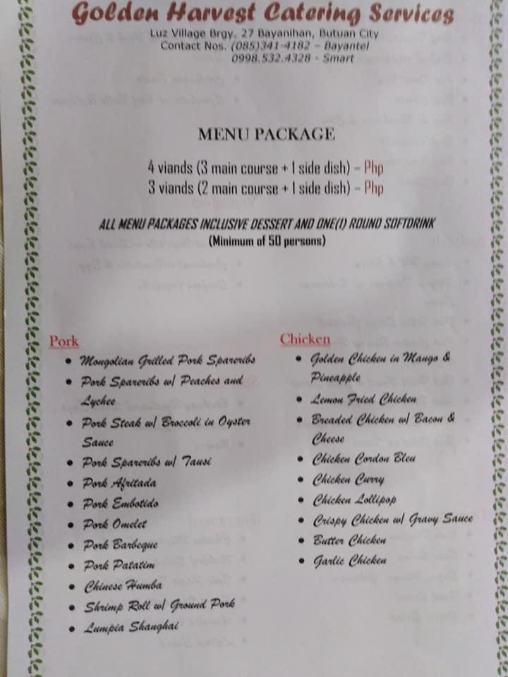 Menu at Golden Harvest Catering Services, Butuan City
