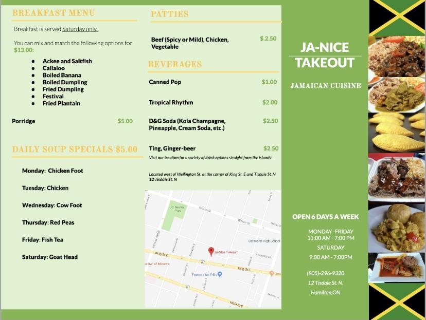 Menu at Ja-Nice Takeout restaurant, Hamilton, 12 Tisdale St N