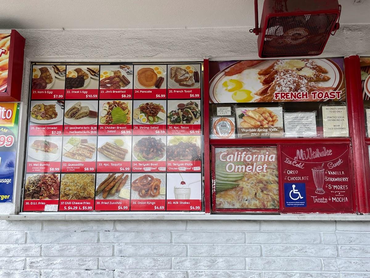 Menu at Jims Super Burgers fast food, Anaheim