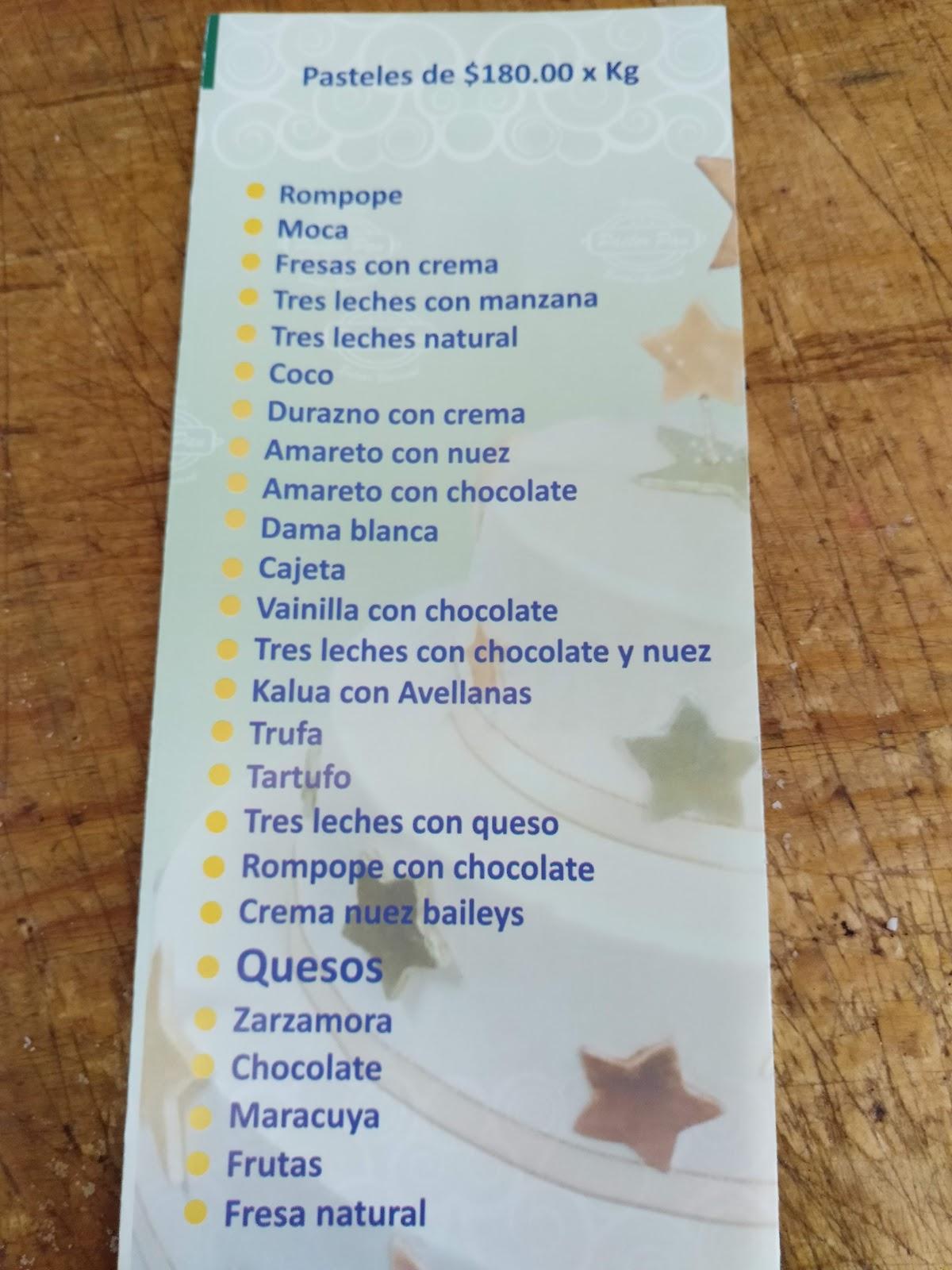 Menu at Panadería Paster Pan, Mexico City
