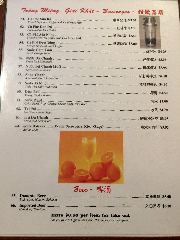 Menu at Pho Song Huong Vietnamese Restaurant, Edmonton