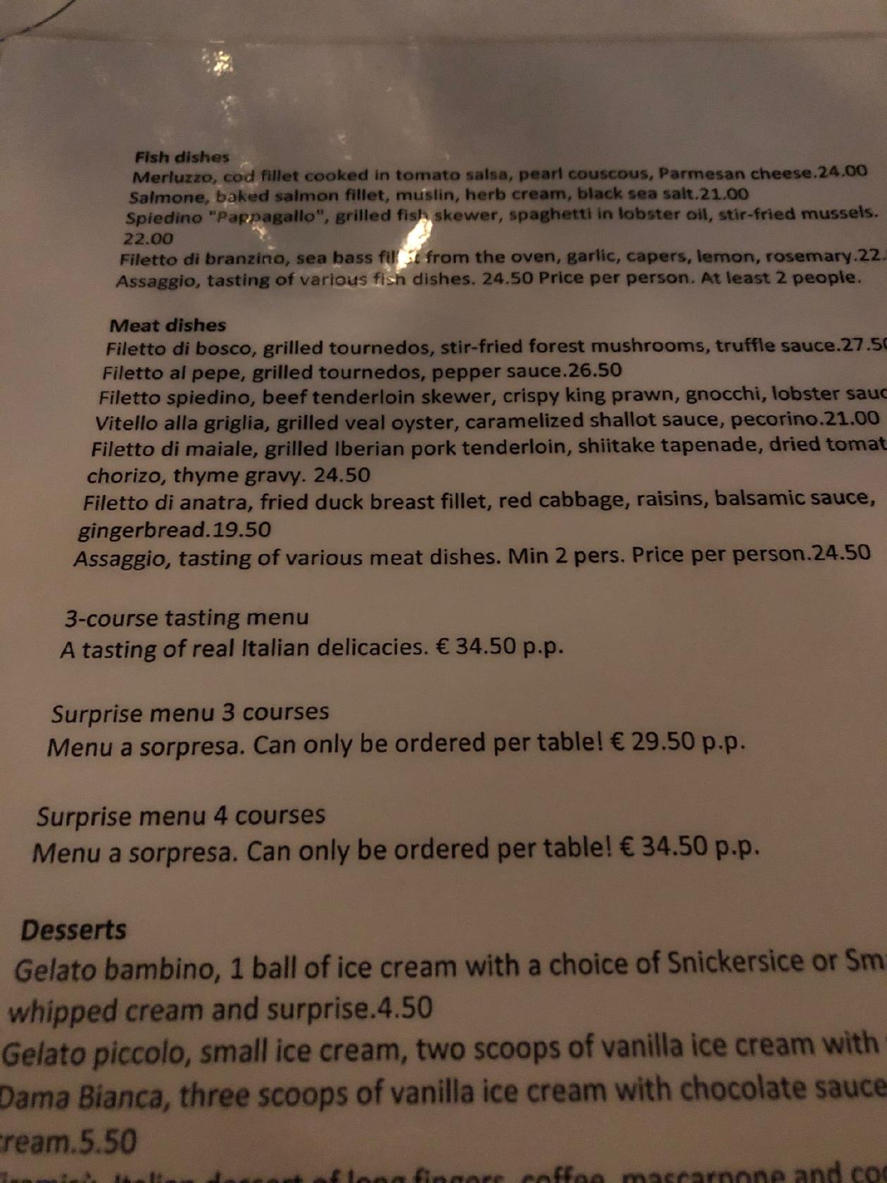 Menu at Ristorante Pappagallo, Spijkenisse