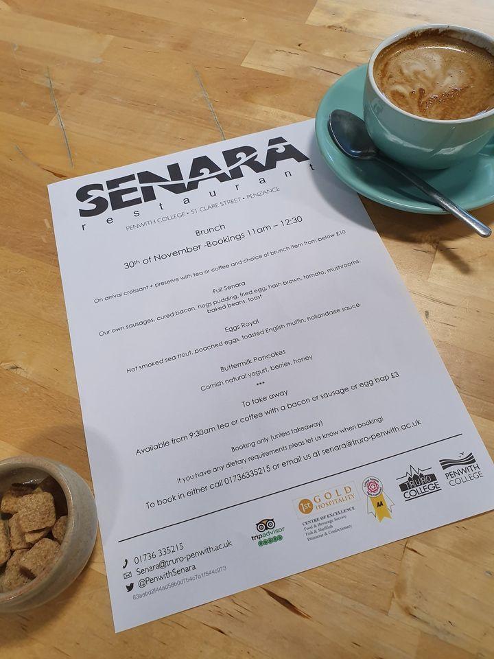Menu at Senara restaurant, Penzance