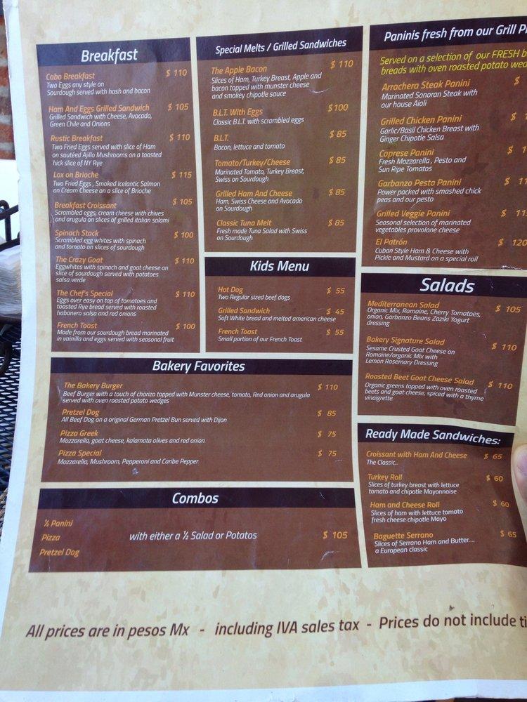 Menu at The Cabo Bakery, Cabo San Lucas