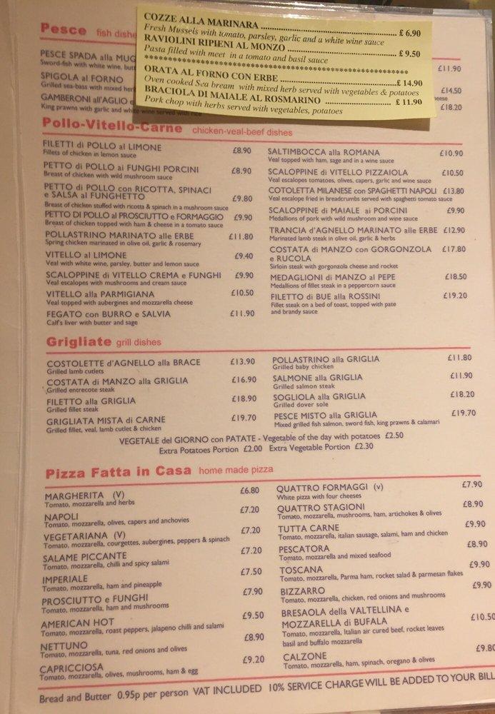 Menu at Bizzarro restaurant, London