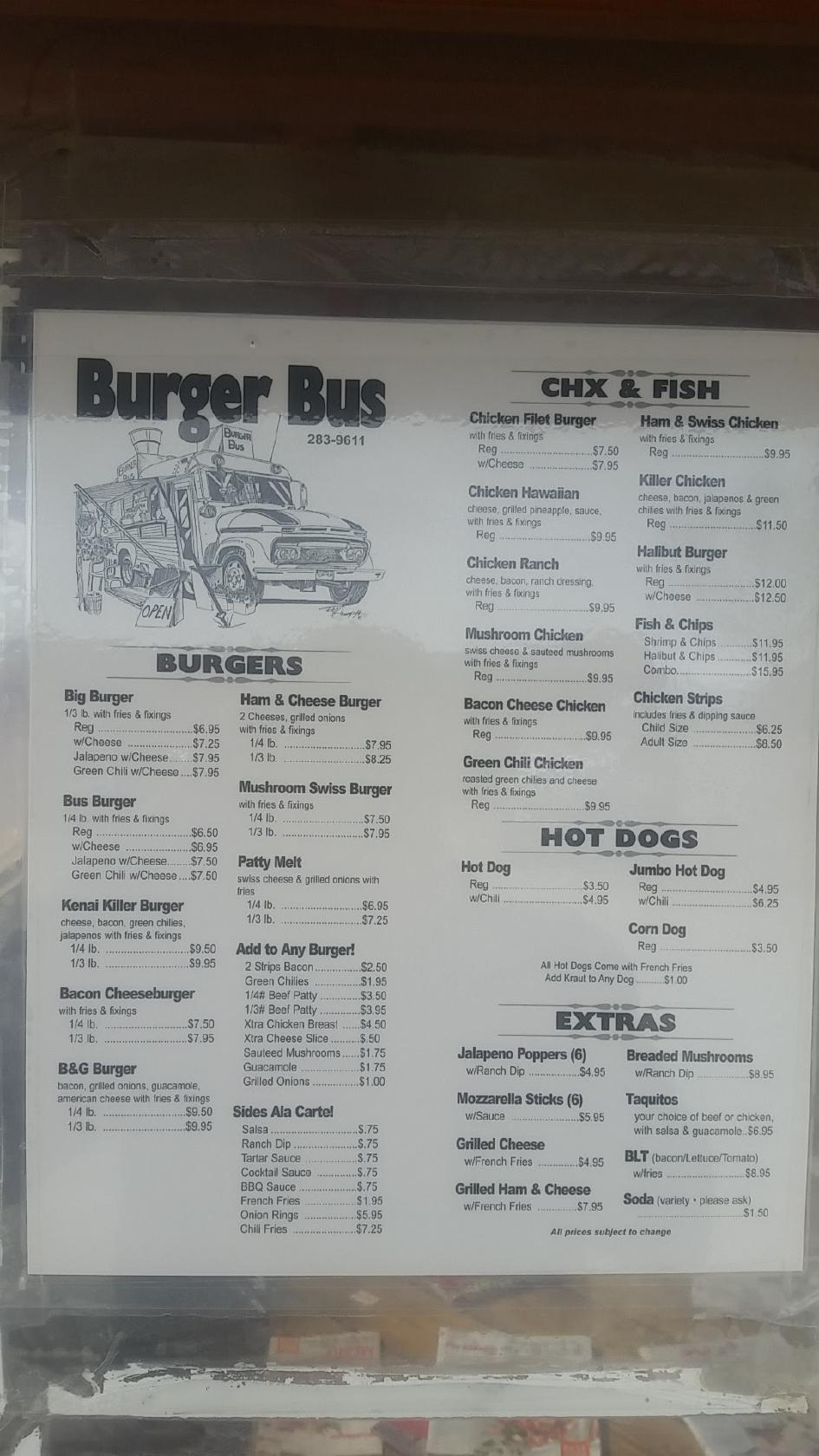 Menu at Burger Bus restaurant, Kenai