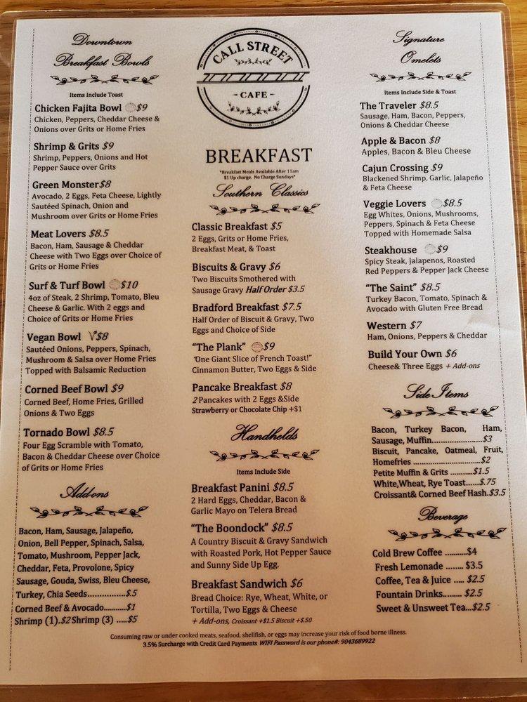 Menu at Call Street Cafe, Starke