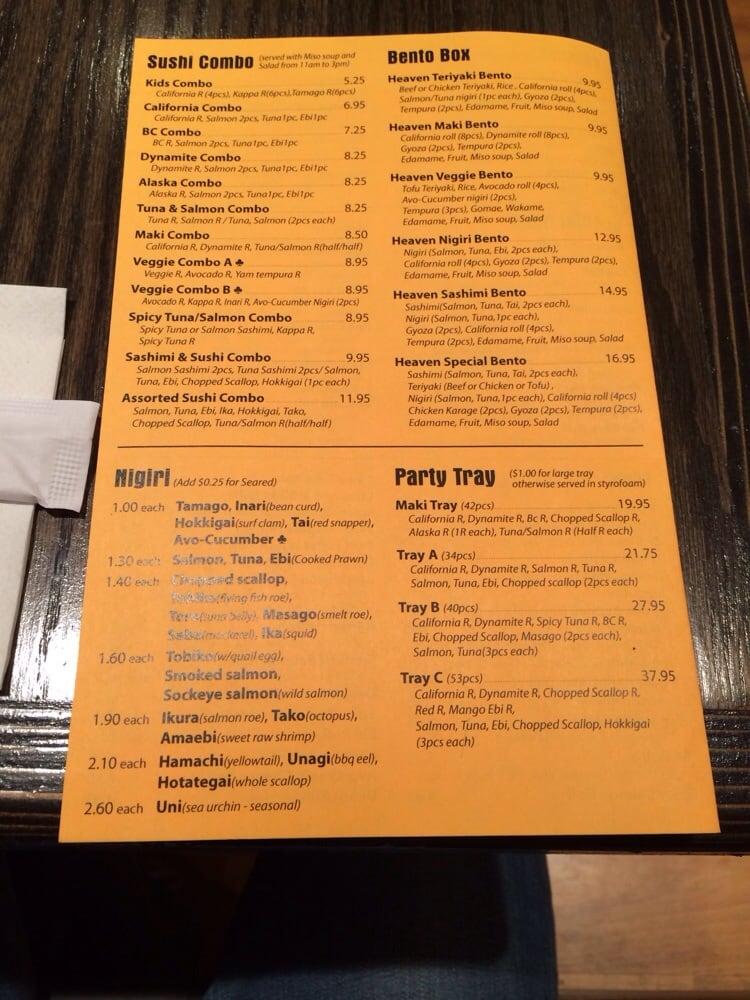 Menu at Sushi Heaven in New Westminster restaurant, New Westminster ...