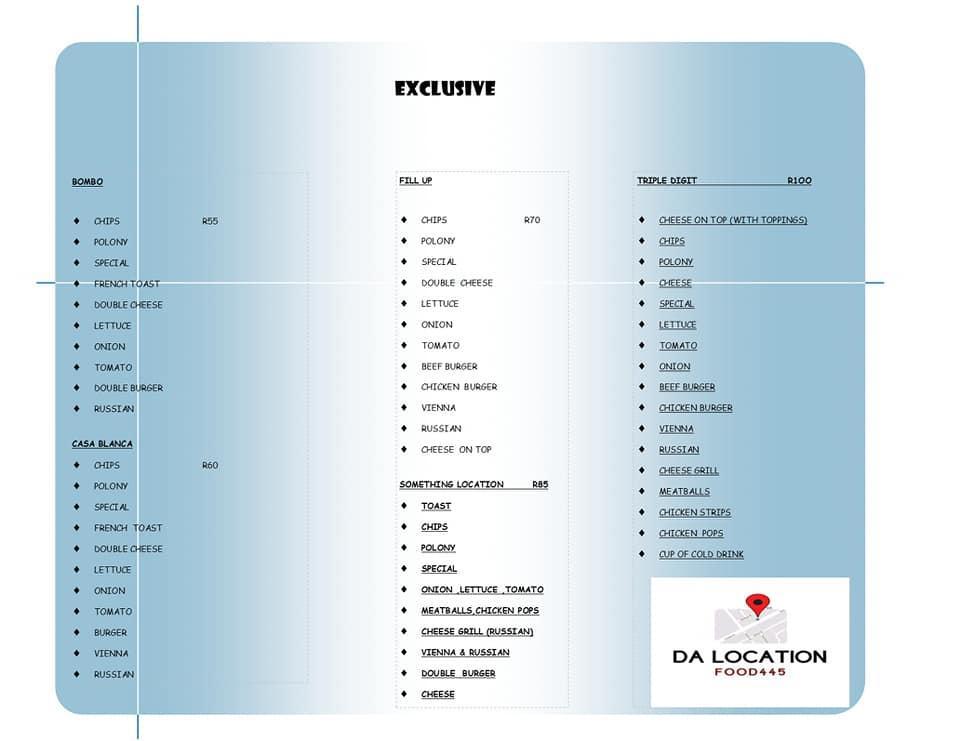 Menu at Da Location Food 445 restaurant, Benoni