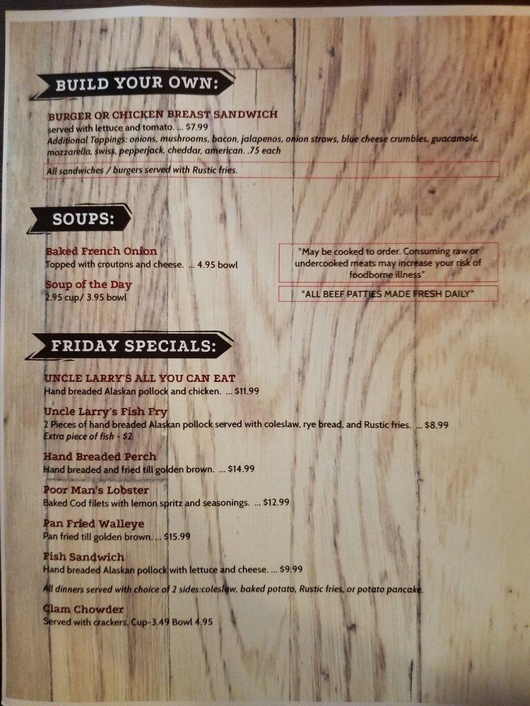 Menu at Uncle Larry’s Rustic Inn restaurant, Hartford