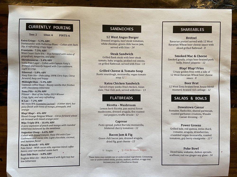 Menu at 12 West Brewing - Downtown Mesa pub & bar, Mesa