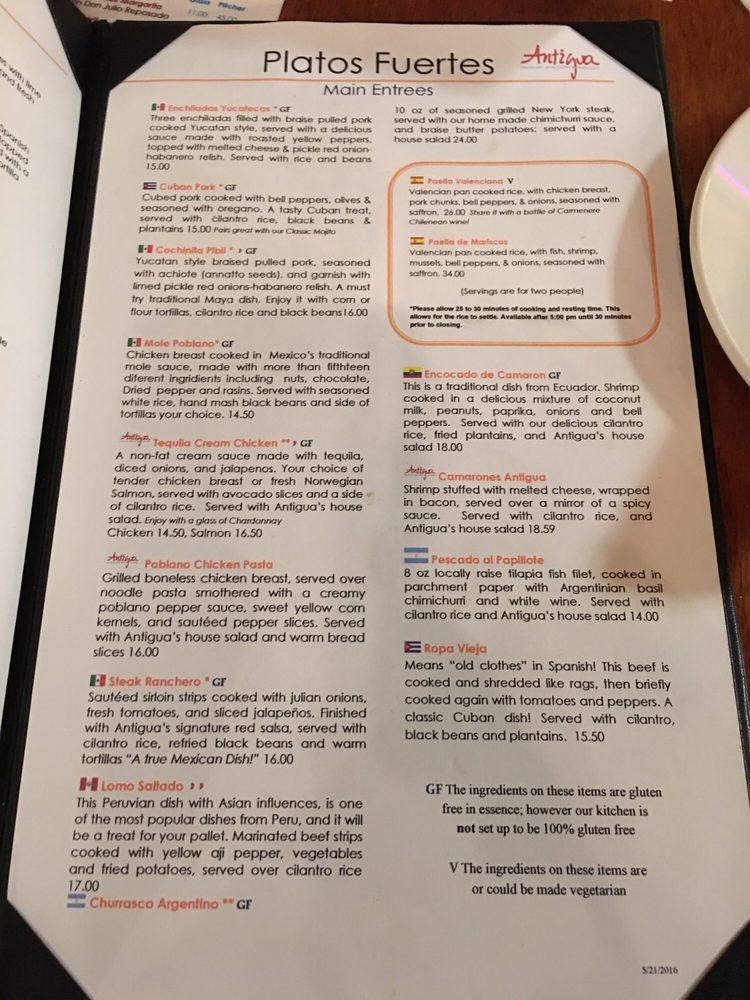 Menu at Antigua Latin Inspired Kitchen restaurant, West Allis
