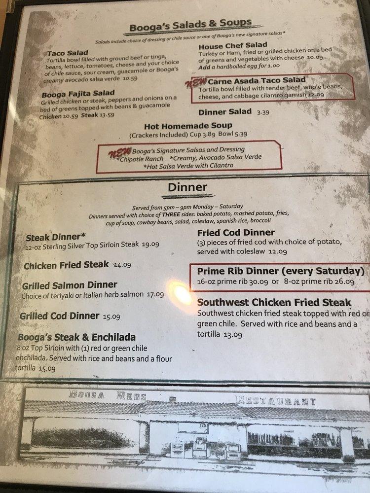 Menu at Booga Red's Restaurant, Springerville