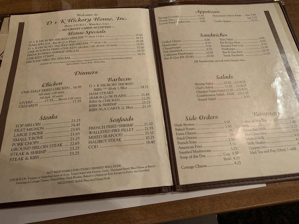 Menu at D & K Hickory House Restaurant, Waterloo