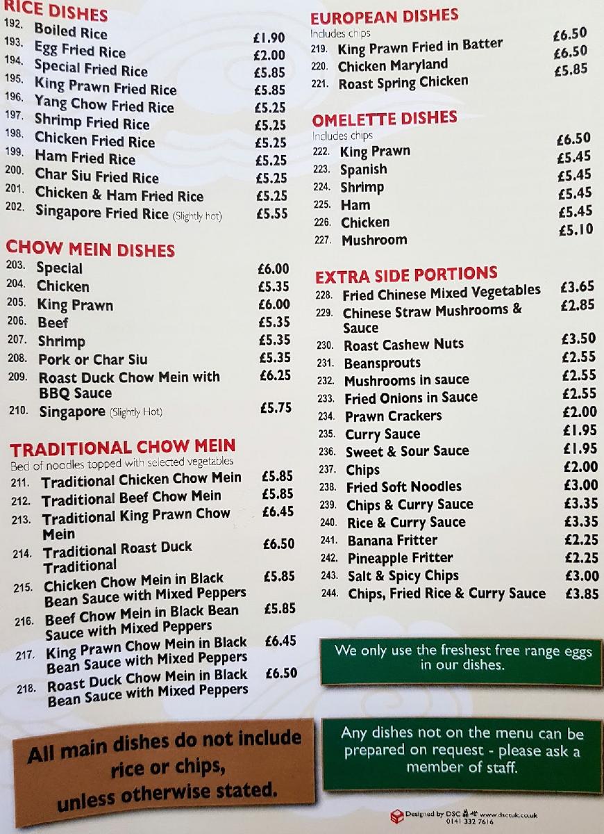 Menu at Dynasty, Broxburn