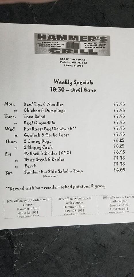 Menu at HAMMER'S GRILL LLC restaurant, Toledo