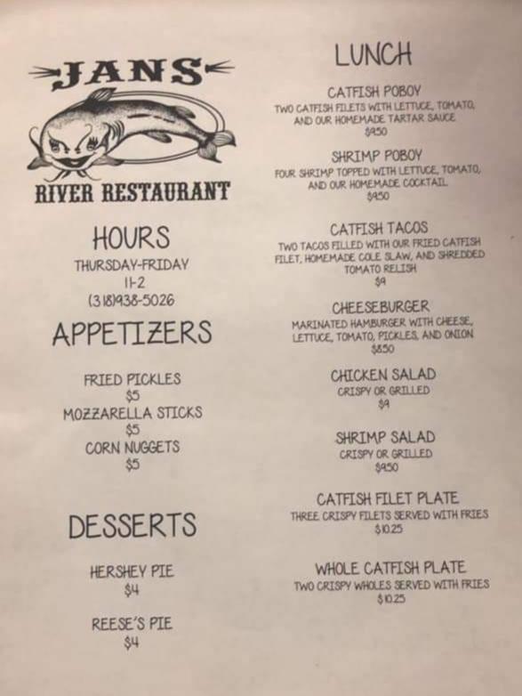 Menu at Jan's River Restaurant, Shreveport, W 70th St