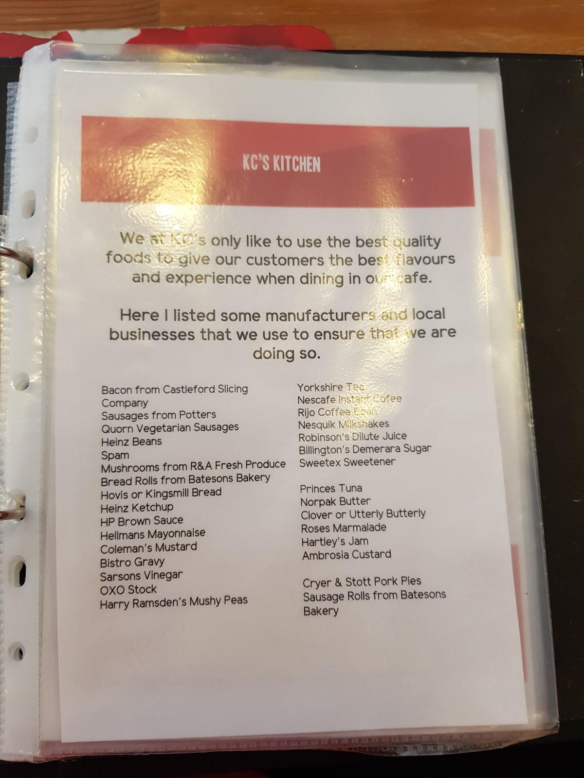 Menu at KCs Kitchen cafe, Castleford