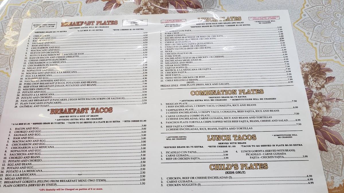 Menu at Las Tres Palmas restaurant, San Benito