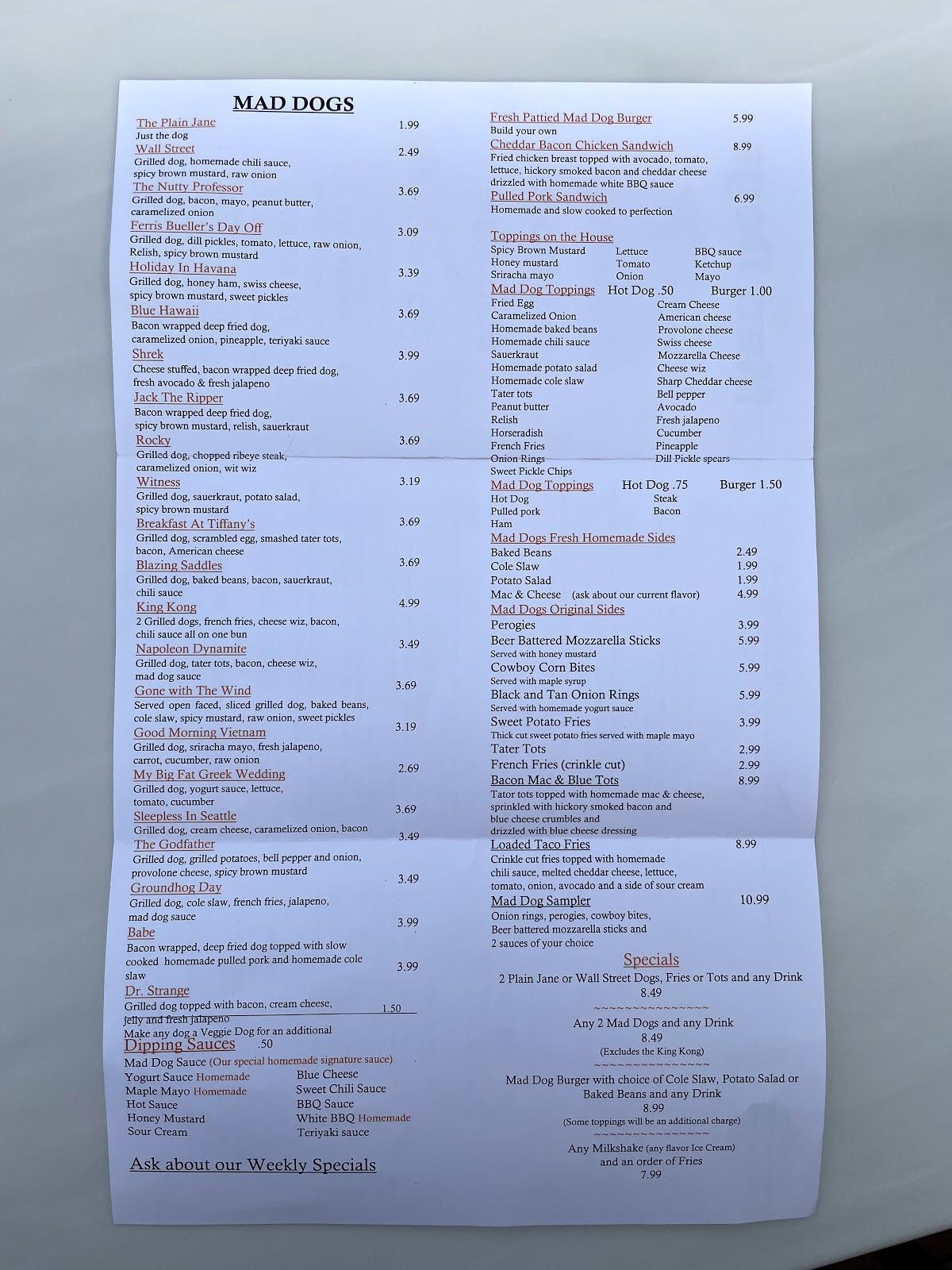Menu at Mad Dogs Hot Dogs & Sugar Shack restaurant, Macungie