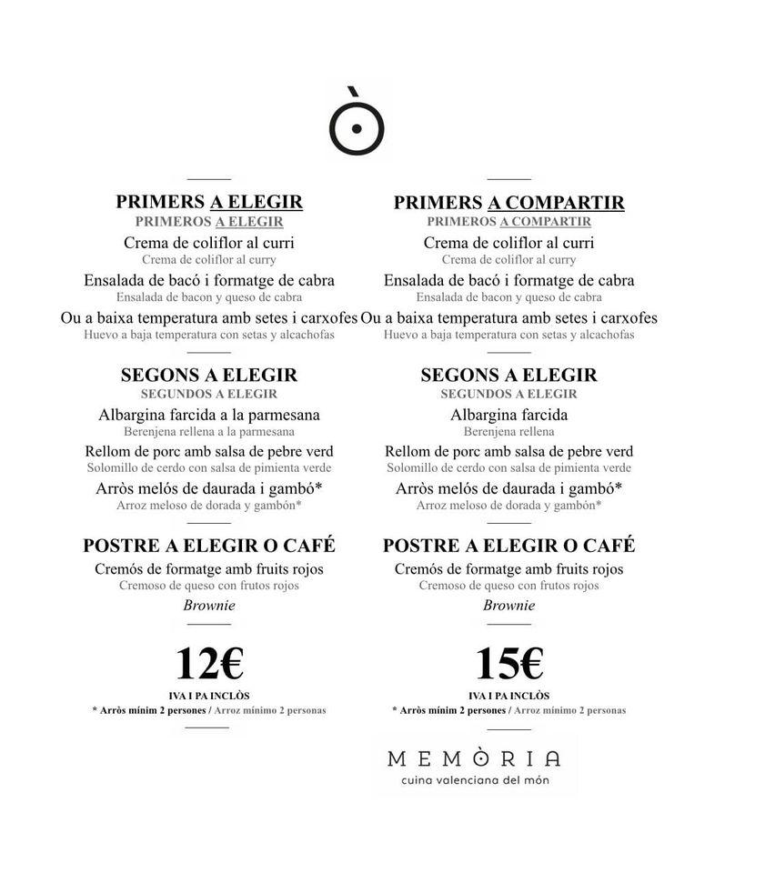 Menu at Memòria restaurant, Valencia