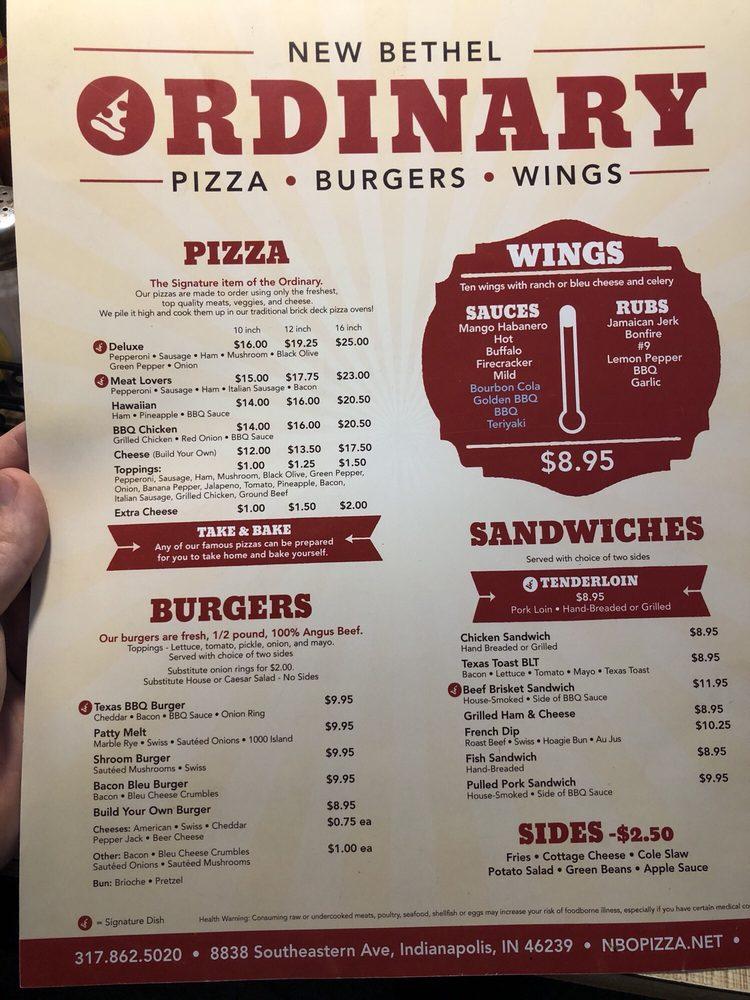Menu at New Bethel Ordinary pizzeria, Indianapolis, Southeastern Ave