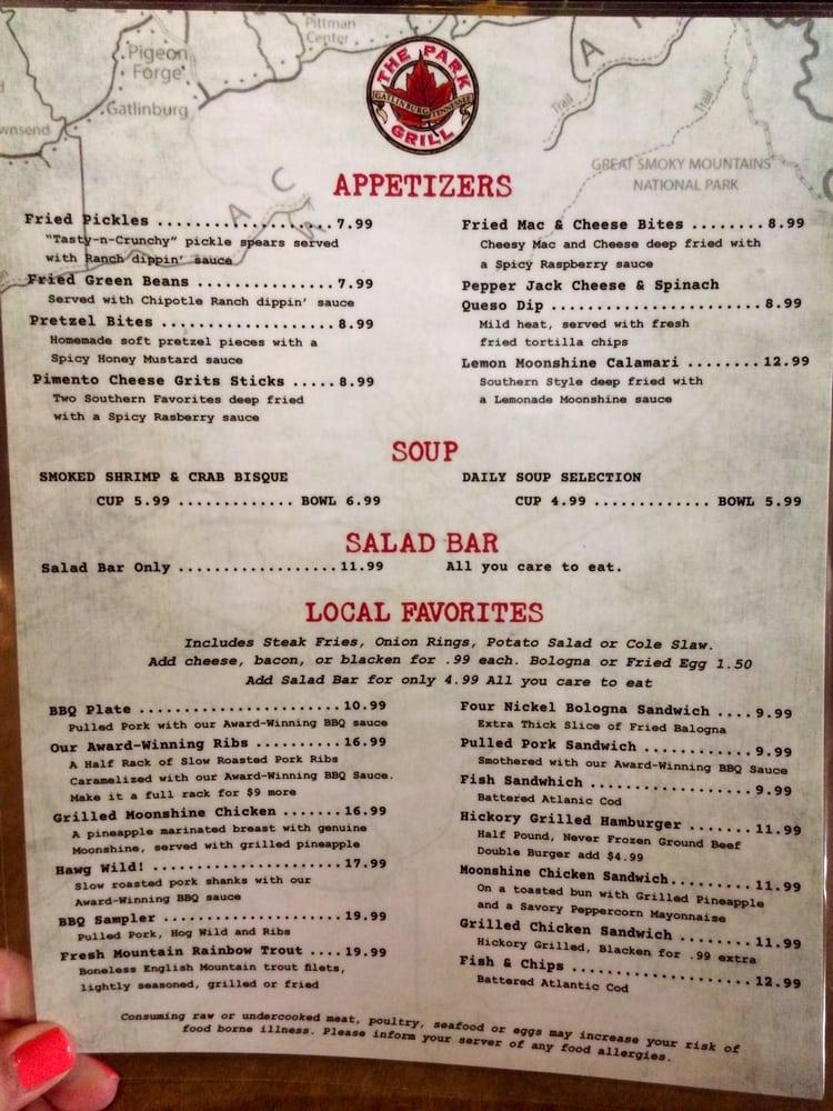Menu at The Park Grill steakhouse, Gatlinburg, Parkway
