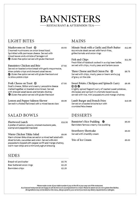 Menu at Bannisters Restaurant & Afternoon Tea, Colne