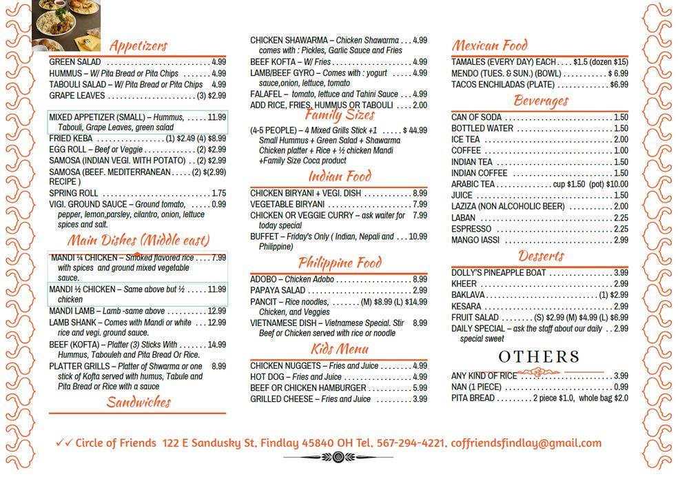 Menu at Circle of Friends Restaurant, Findlay, 125 W Sandusky St