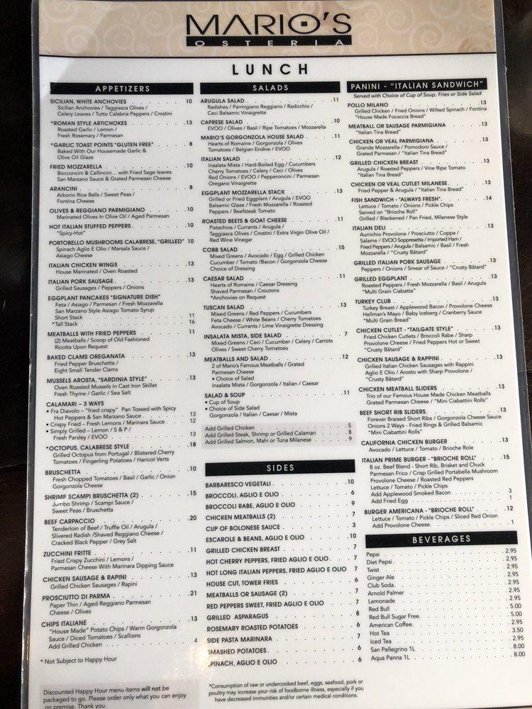 Menu at Mario's Osteria pizzeria, Boca Raton